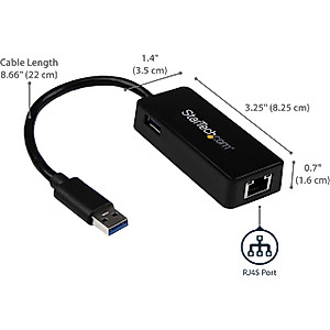 StarTech.com USB 3.0 Ethernet Adapter - USB 3.0 Network Adapter NIC with USB Port - USB to RJ45 - USB Passthrough (USB31000SPTB), Black, 0.7" x 1.4" x 5" x 5"