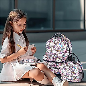 Personalized Unicorn Backpack with Lunch Box Set for Girls Boys, 3 in 1 Primary Middle School Backpacks Matching Combo, Large Capacity, Durable, Lightweight, Pink Bookbag and Pencil Case Bundle