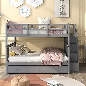 Harper & Bright Designs Full Over Full Bunk Bed with Storage, Solid Wood Full Bunk Bed Frame with Stairs and Drawers, for Kids Teens Adults (Gray)
