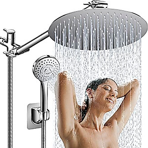 Rain Shower Head, 12" High Pressure Round Rainfall Shower Head Combo with 11" Adjustable Extension Arm, 5-Settings Handheld Shower Heads with 60" Stainless Steel Hose Anti-Leak (Chrome)