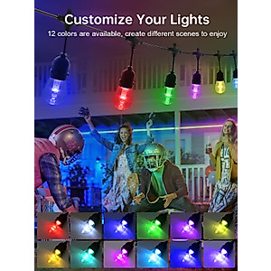 48FT Color Changing Outdoor String Lights, Commercial Grade with Music Sync Remote and 15 Shatterproof LED Edison Bulbs Dimmable Patio String for Christmas Holidays, Illuminate Your Space