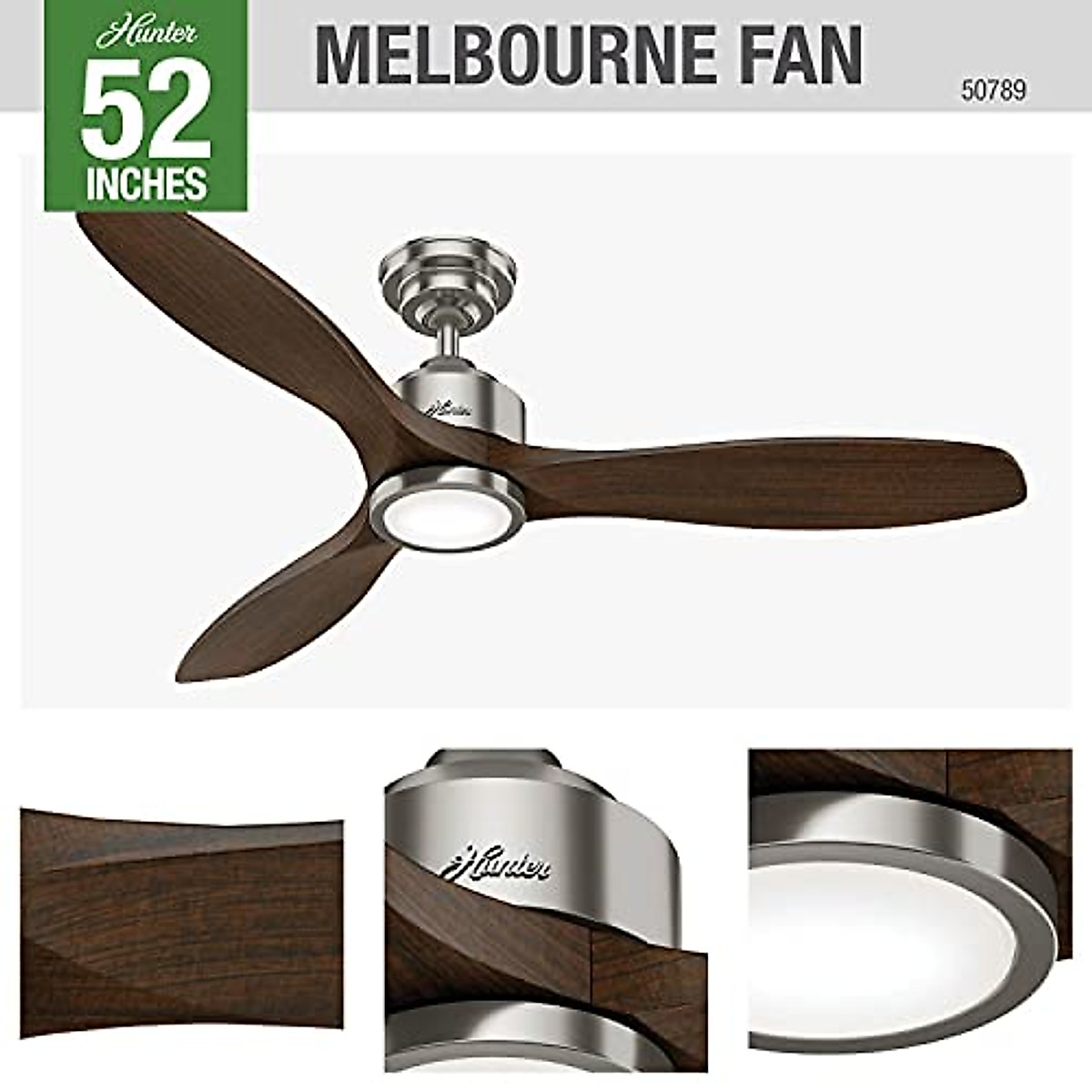 Hunter Fan Company, 50789, 52 inch Melbourne Brushed Nickel Ceiling Fan with LED Light Kit and Handheld Remote