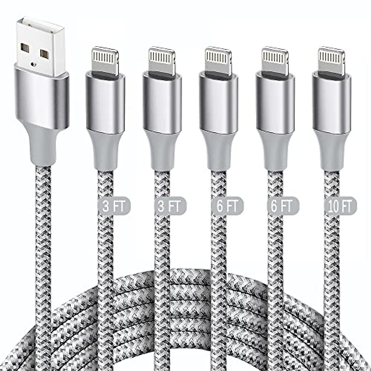 iPhone Charger,iPhone Charging Cable[Apple MFi Certified] Lightning Cable 5Pack 3/3/6/6/10FT Nylon Braided iPhone Fast Charger Cord Data Sync USB Wire for iPhone 14/13/12/11Pro/XR/X/8/7/6/5/SE,AirPods