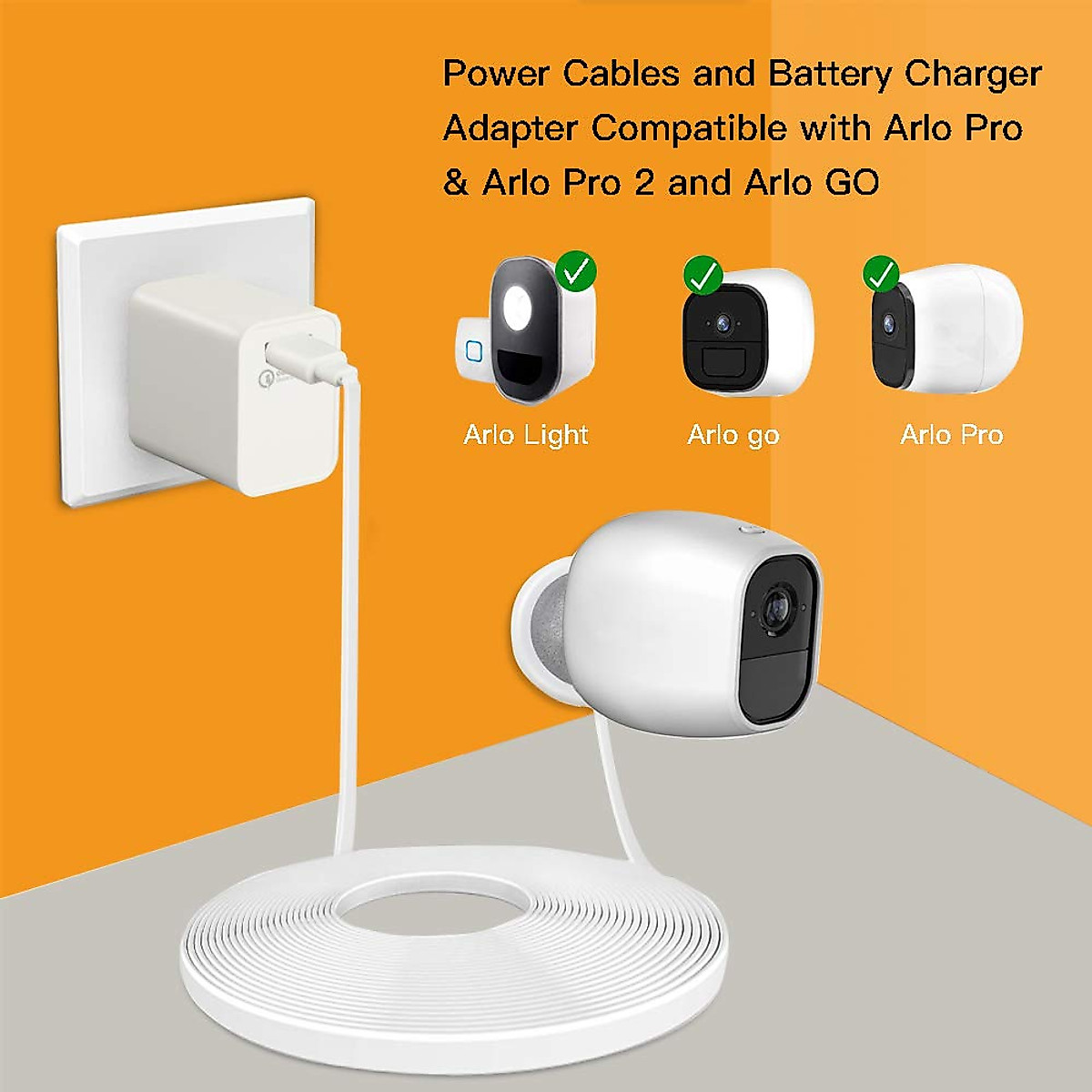 Power Cable 10Ft, Power Cord and Charger Adapter for Arlo Pro & Pro 2 and Arlo Go, Weatherproof Outdoor Indoor, Arlo Power Cable