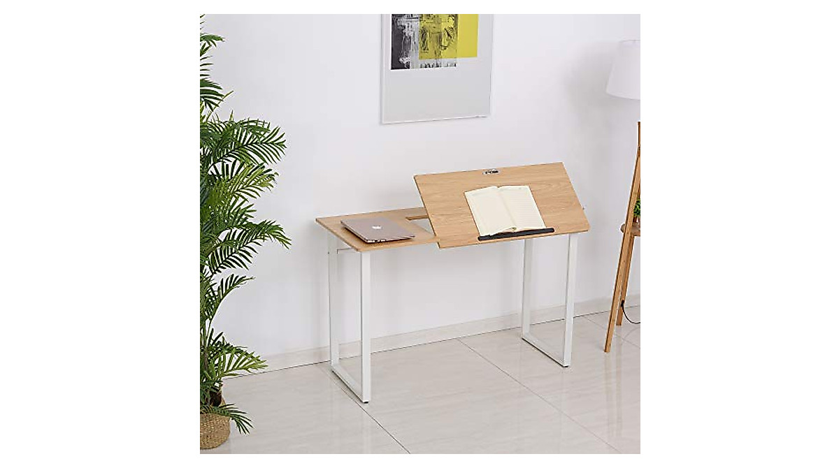 HOMCOM Modern Drafting Table – Adjustable Oak Office Desk