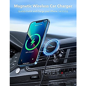 Compatible with Magsafe Car Mount Charger,THREEKEY Magnetic Wireless Car Charger Mount Vent Hook Phone Holder for iPhone 14/13/12 Series Phone & MagSafe Case(with QC3.0 Adapter)