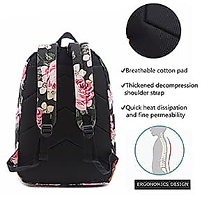 Lmeison Backpack and Lunch Bag Set for Girls College Backpack Floral Bookbag for Girls Backpack with Lunch Box Kawaii Backpack Travel Backpacks for Women Teens School Bag Aesthetic, Black