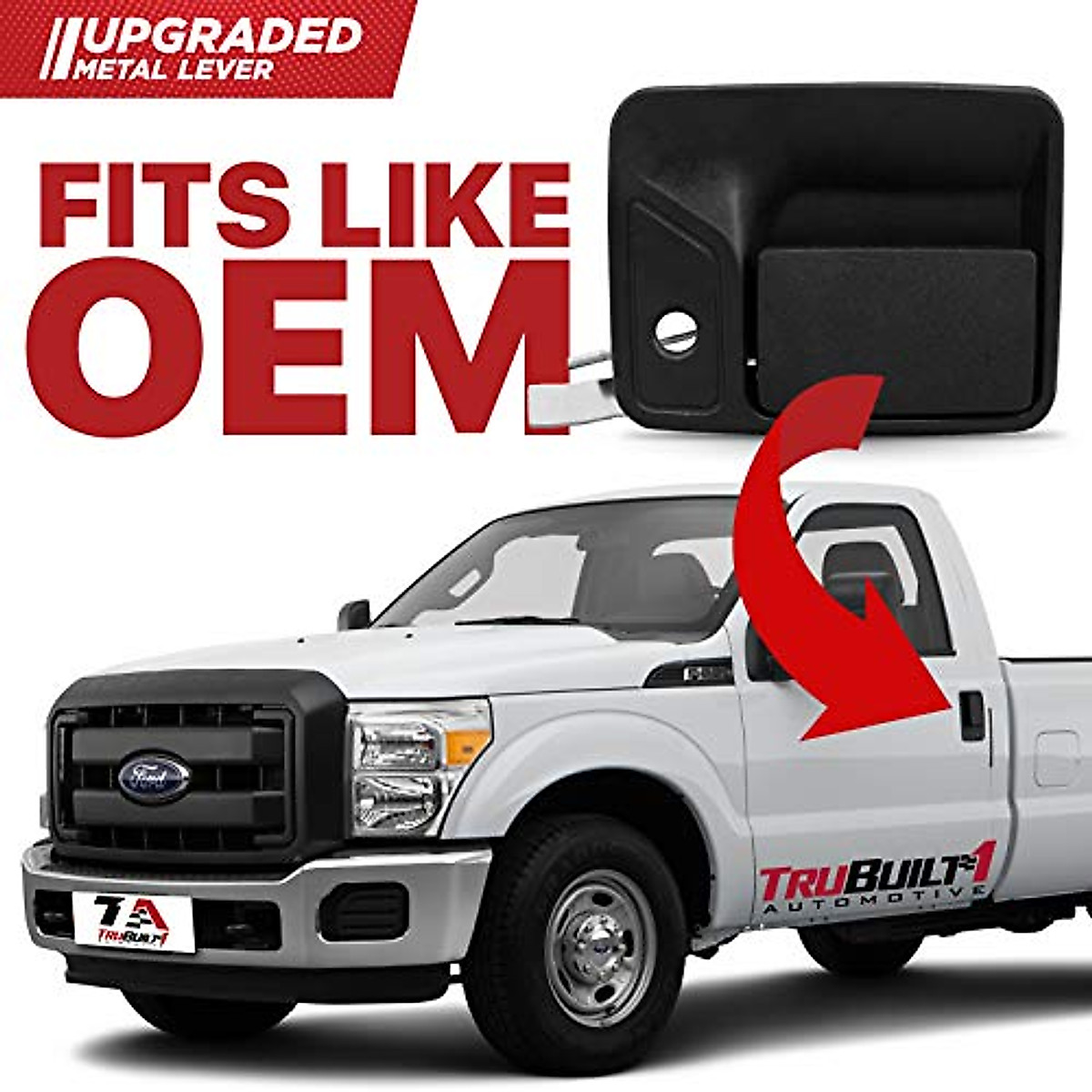 TRUBUILT1 AUTOMOTIVE Exterior Door Handle, Front Left Driver Side - Compatible with 1999-2016 Ford F-250 F-350 F-450 F-550 Super Duty - Textured Black, Metal Lever, with Keyhole - OEM 7C3Z-2522405