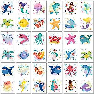 PapaKit Cute Ocean Animals 36 Temporary Fake Tattoo Set, 18 Individually Wrapped Sheets | Kids Girls & Boys Birthday Party Favor Gift Reward, Non-Toxic Safe Removable