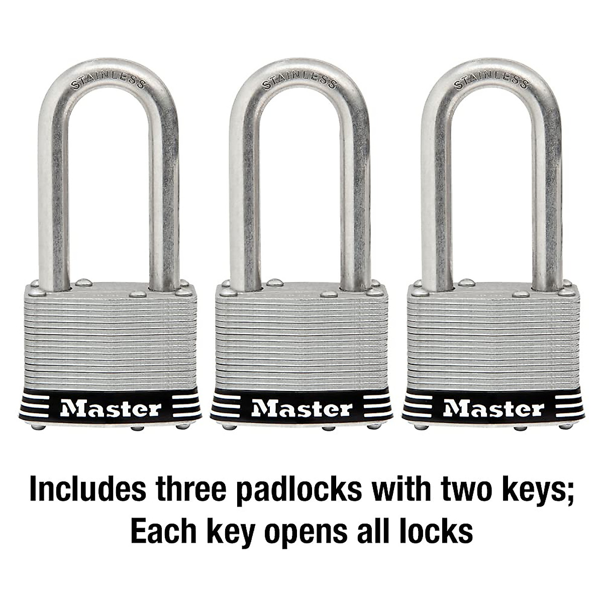 Master Lock 1SSTRILH Stainless Steel Outdoor Padlock with Key, 3 Pack Keyed-Alike, Silver