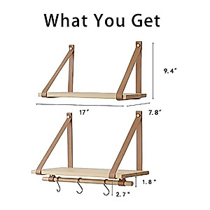 FRIADE Wall Wood Floating Shelves,Multifunctional PU Leather Strap Storage Shelves,Storage Organizer for Kitchen,Living Room,Bedroom,Study,Set of 2 (Burlywood)