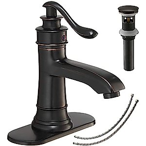 Bathfinesse Oil Rubbed Bronze Bathroom Faucet Single Handle Single Hole Farmhouse Stream Bathroom Sink Faucets & Parts with Pop Up Drain Assembly Vanity Supply Hose Lead-Free