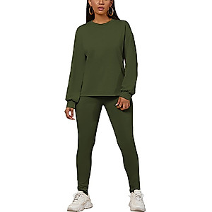 PINSV Womens 2 Piece Outfits Long Sleeve Sweatsuits Outfits Jogging Suits Sweat Loungewear Sets XL Dark Green
