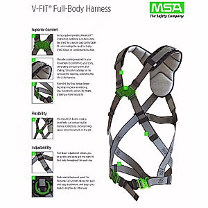 MSA 10195134 V-FIT Construction Safety Harness - Size: Standard (Medium), D-Ring Configuration: Back/Hip, Quick Connect Leg Straps, With Shoulder/Lumbar Padding, Full Body Harness
