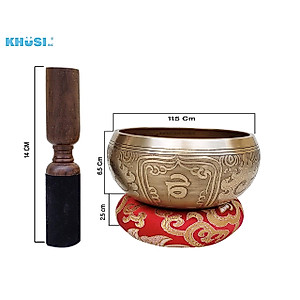 Khusi 4.5 Inch Tibetan Singing Bowl, Wisdom Eye Mantra Engraved Chakra Bowl Sound Bowl w/Silk Cushion, Leather Wrap Mallet and Carry Pouch, Hand Hammered Made in Nepal