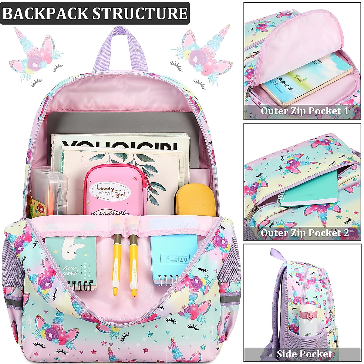 JIANYA Backpack for Girls Kids School Backpack Lunbox Combo Teen Girl Unicorn Bookbag School Bag, Purple