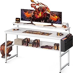 ODK 48 Inch Gaming Desk with Adjustable Monitor Stand (3.2", 4.3", 5.5"), Computer Desk for Small Spaces Home Office, Study Desk with Shelf, Modern Table Writing Desk, White