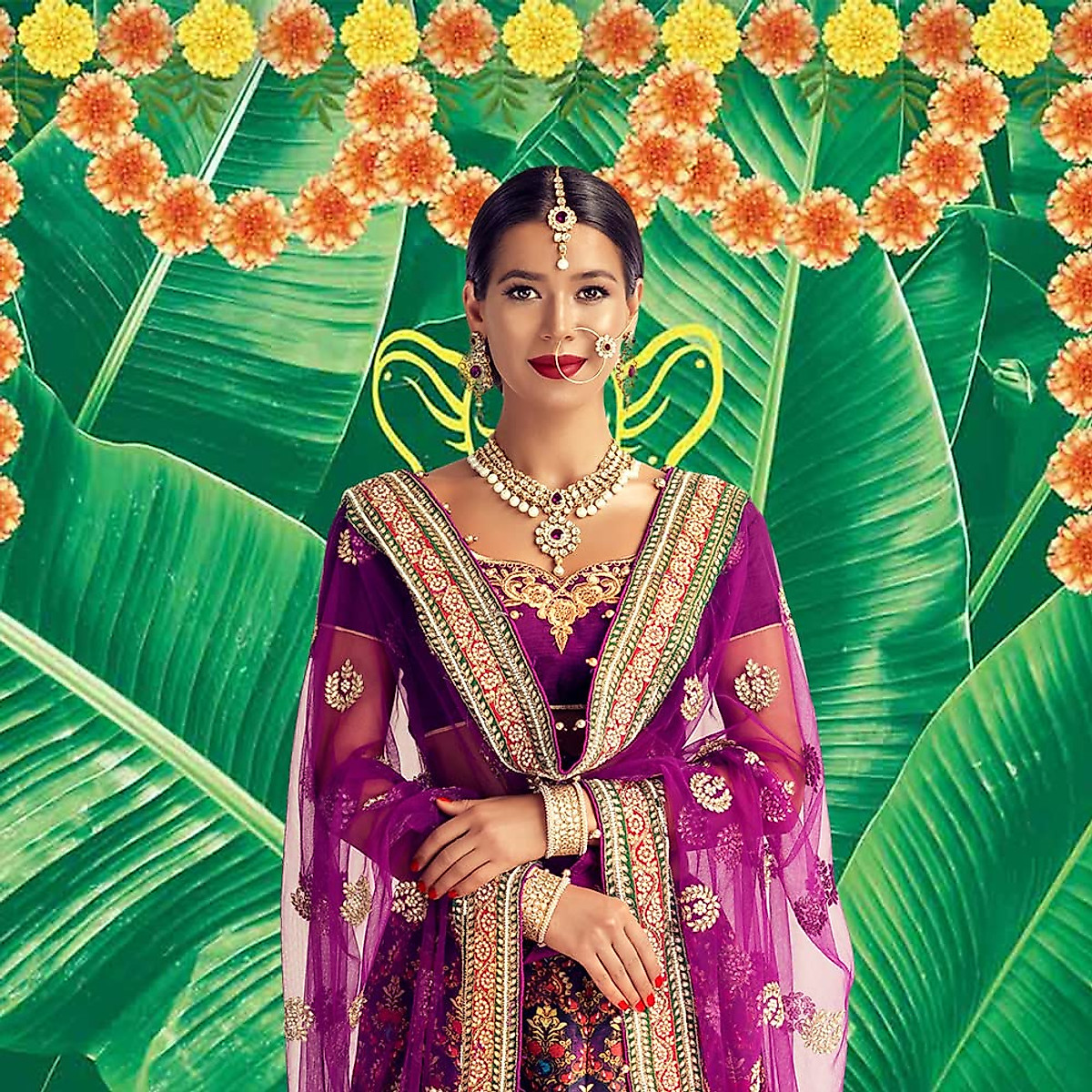 MAQTT Indian Festival Ganesh Chaturthi Backdrop for Festival Party Decoration Green Tropical Palm Leaf Photography Backdrop Indian Culture Religious Event Decor 7x5ft