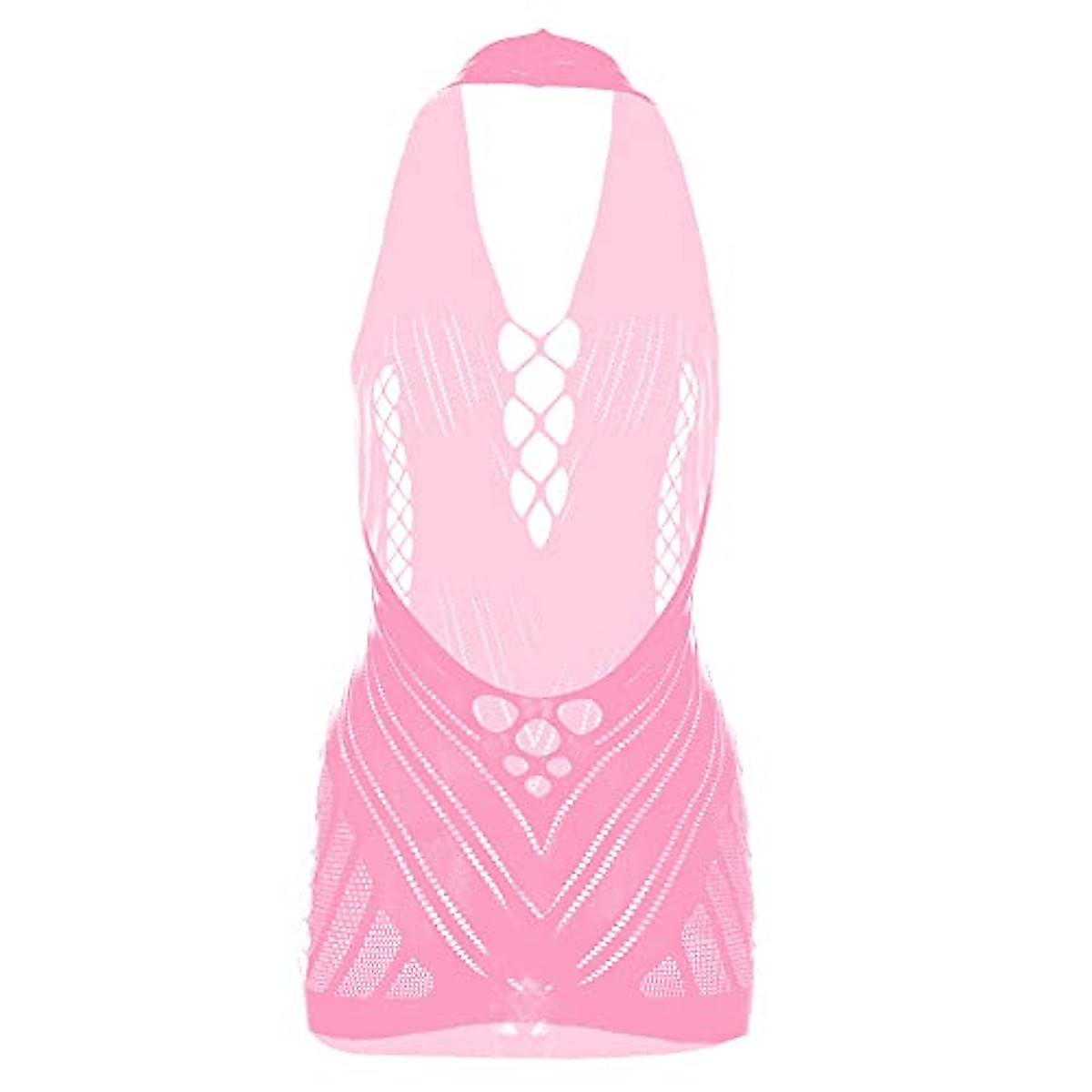 Vorifun Women Fishnet Lingerie See Through Sleepwear One Piece V-Neck Babydoll Mini Dress One Size (Pink)