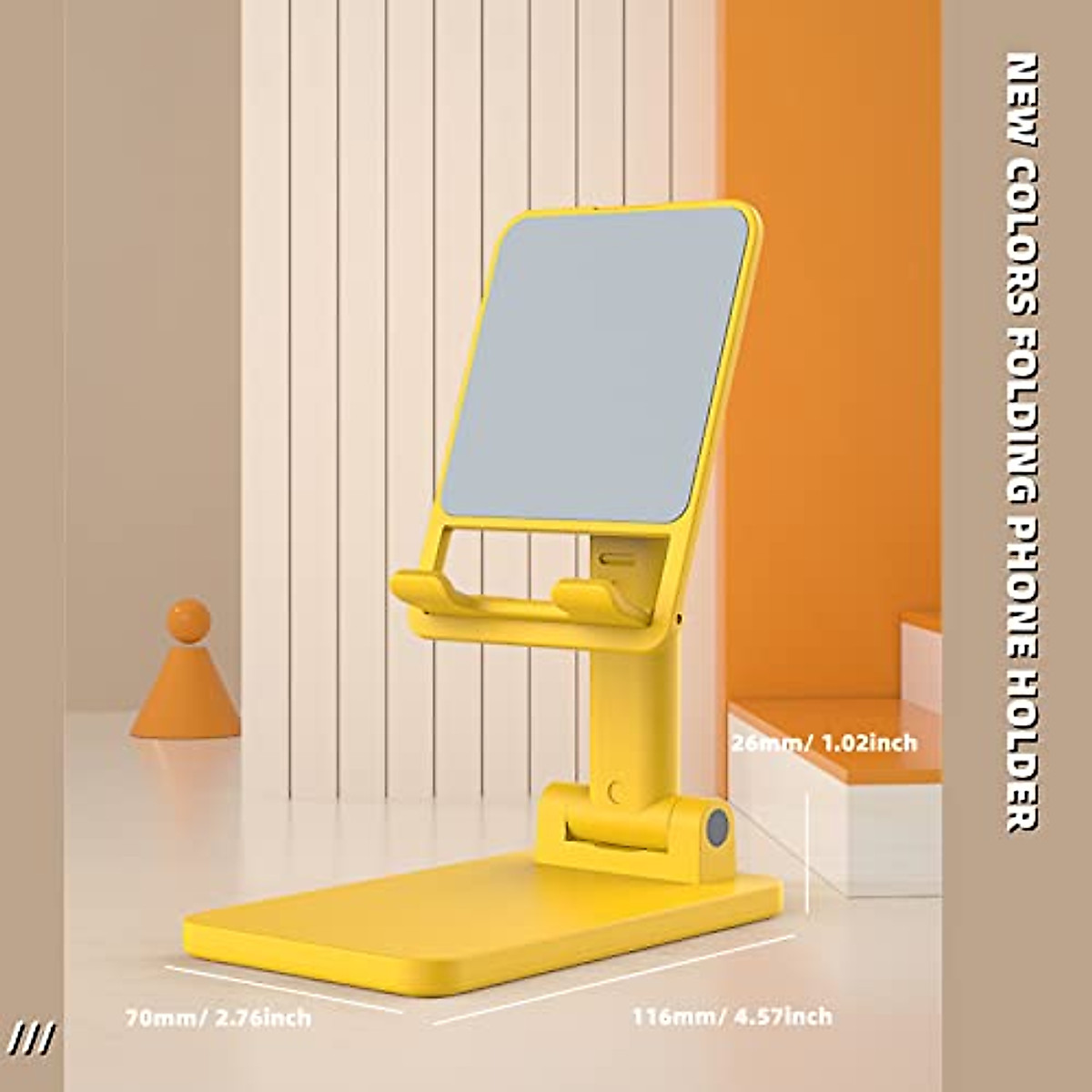 Cell Phone Stand Adjustable Desktop Mobile Phone Pad Bracket Universal Tabletop Phone Holder with Non-Slip Mat Foldable & Portable Tablet Stand Support Desk Cellphone Holder Stand, Yellow