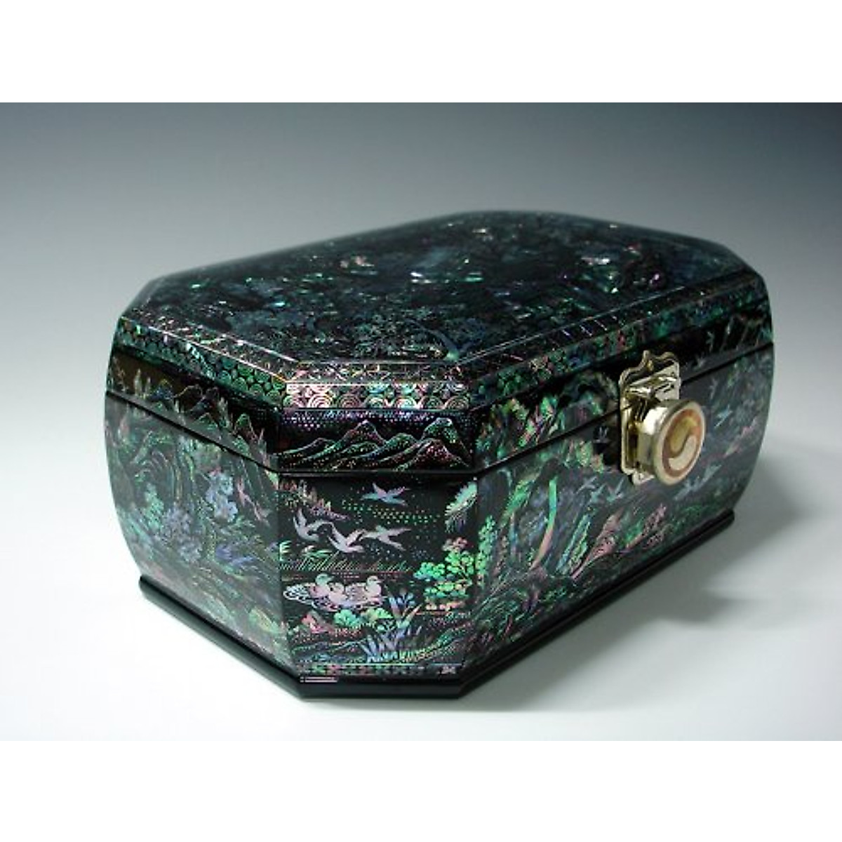 Mother of Pearl Inlaid Landscape Design Lacquered Black Octagonal Luxury Wooden Asian Handcrafted Jewelry Trinket Keepsake Treasure Box Case Chest Organizer