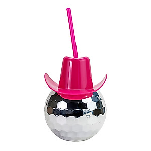 thepinkcow Hot Pink Cowboy Hat Disco Ball Cups, Glitter Shiny Cocktail Tumbler, Space Cowboy Cowgirl Birthday Bachelorette Western Themed Party Decorations Supplies, Rodeo Party Cups, Set of 8