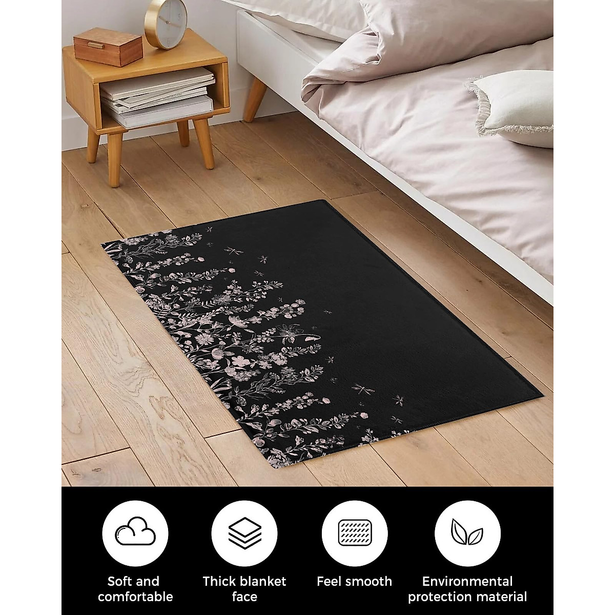 Black Flower Plush Rug Non Slip Bath Mat, Soft Shaggy Long Fur Fuzzy Bath Rugs 16" x 24" Vintage Floral Aesthetic Leaves Dragonfly Carpet Mat for Bathroom Shower Home