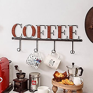 NIKKY HOME Coffee Mug Wall Rack, Metal Coffee Cup Holder Wall Mounted with 4 Hooks and Rustic Leather Mug Holder Coffee Word Sign and Cutout Design