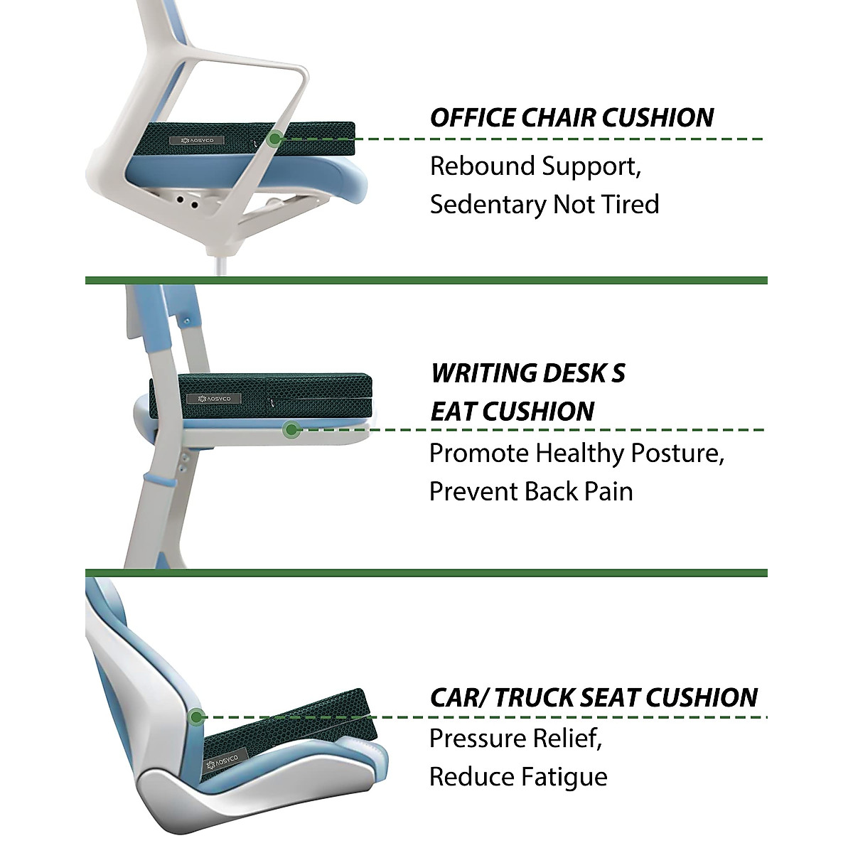 AOSYCO 4D Airflow Seat Cushion, Long Sitting Office Chair Pad, Pressure Relief Cushion Butt Lumbar Back Support, Extremely Easy Cleaning for Wheelchairs, Outdoor Patio with Covers, 1in (Height)