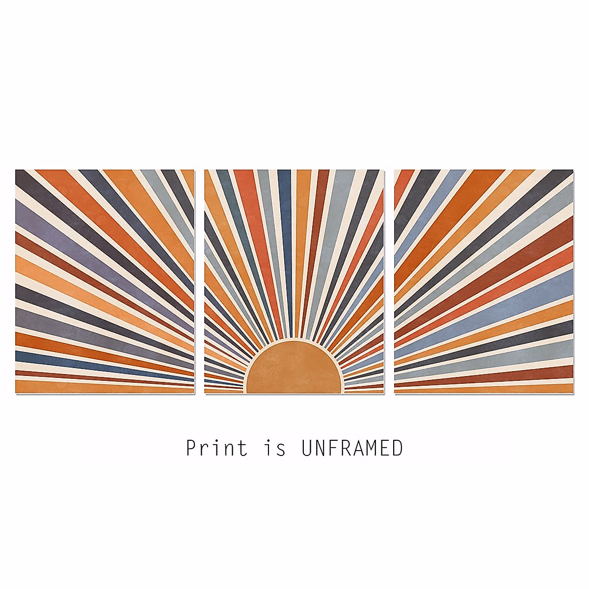 Sun Rays Print Boho Wall Decor Mid Century Modern Geometric Sunshine Wall Art Abstract Sun Boho Print Nursery Blue Orange Decor Set Of 3 UNFRAMED 11X14INCH