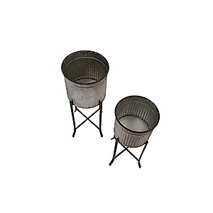 Creative Co-Op Farmhouse Round Corrugated Metal Planters on Stands, Set of 2 Sizes, Silver and Black