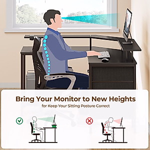 Seventable Corner Desk with Power Outlets & 3 Drawers, 44.6" Reversible Small L Shaped Computer Desk with LED Lights, Gaming Desk with Storage Shelves, Home Office Desk with Monitor Stand, Black