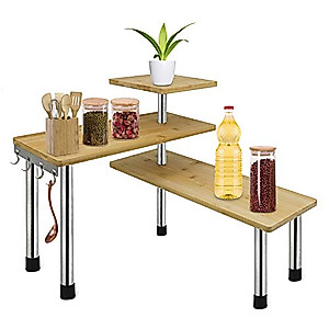 Jolitac 3 Tier Corner Shelf - Desktop Spice Storage Rack, Space Saving Organizer Bamboo Corner Bookshelf, Adjustable Display Shelves for Kitchen, Home, Office (with Hooks)