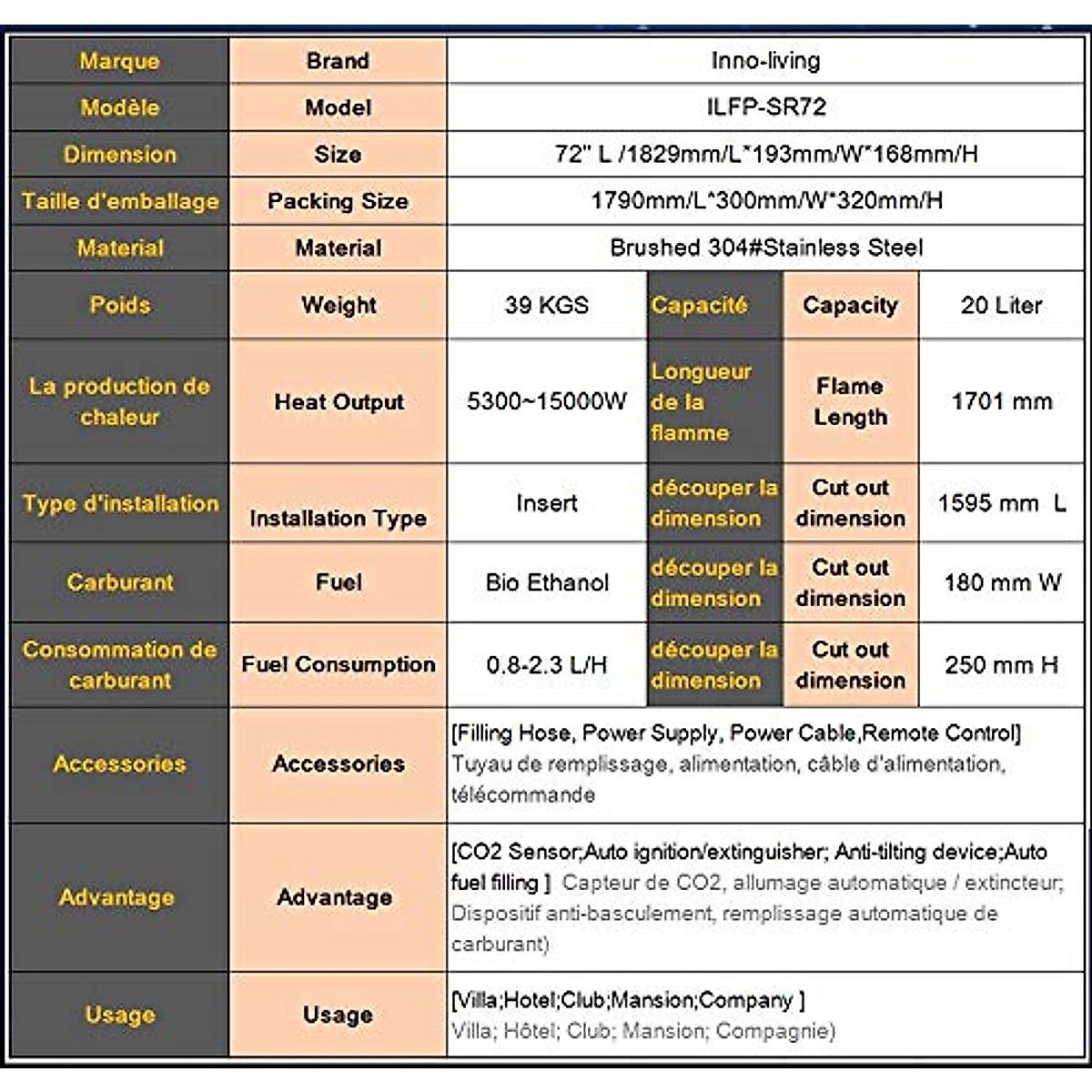 Remote Control Fireplace 180 cm 72'' Black WiFi Google Alexa 20L Bio Ethanol Burner Insert