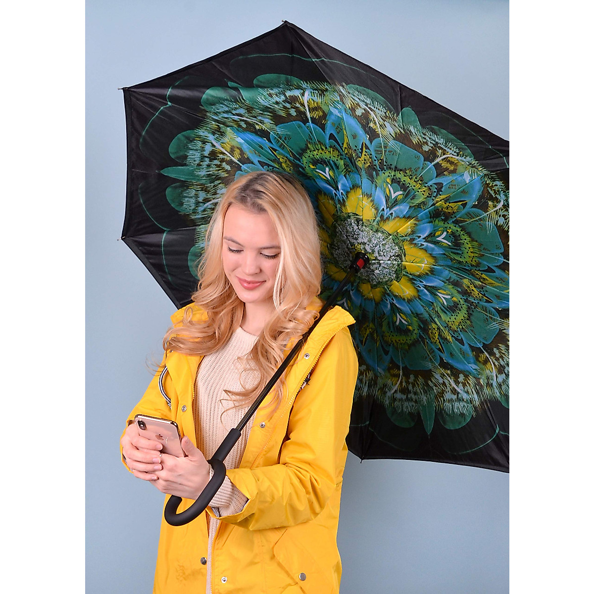 Parquet Peacock Double Layer Inverted Umbrellas - C Shaped Handle Reverse Folding Windproof Umbrella for Men and Women