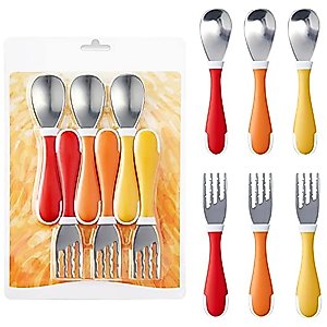 6 Piece Toddler Utensils Stainless Steel Baby Forks And Spoons Silverware Set For Kids, Bpa Free Dishwasher Safe, 12+ Months, Red/Orange/Yellow