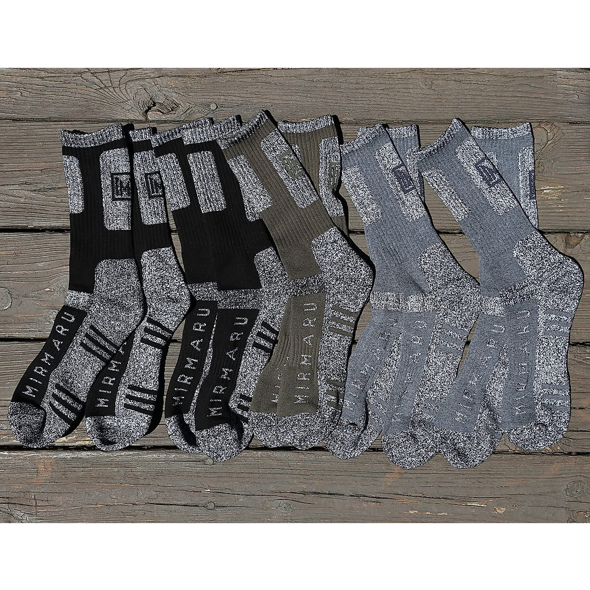 MIRMARU M201-Men's 5 Pairs Multi Performance Outdoor Sports Hiking Trekking Crew Socks (2Black, 2Char, 1Olive)