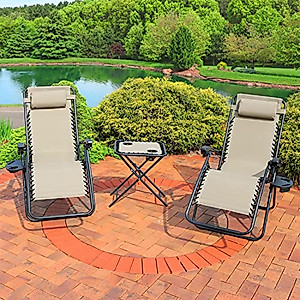 Sunnydaze Outdoor Zero Gravity Chair 2 Pack with Patio Table Cupholders and Pillows Included Khaki