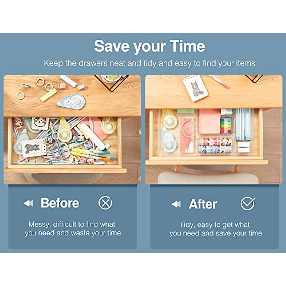 Puroma 24Pcs Drawer Organizer Set 5-size Versatile Vanity and Bathroom Drawer Organizers, Clear Plastic Desk Drawer Organizer Trays and Customize Layout Storage Bins for Makeup Kitchen Office (Clear)