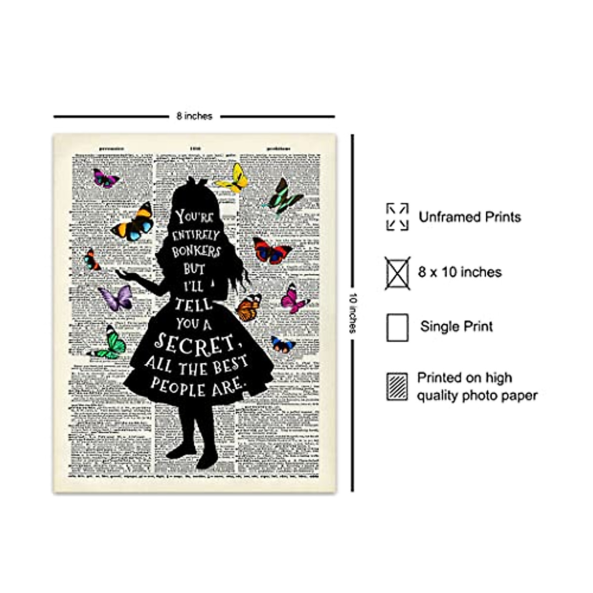 Alice Wonderland Quote, Saying - Dictionary Wall Art Print - 8x10 Photo Picture - Home Decor for Women, Kids, Girls Bedroom - Cool Gift - Unframed Poster