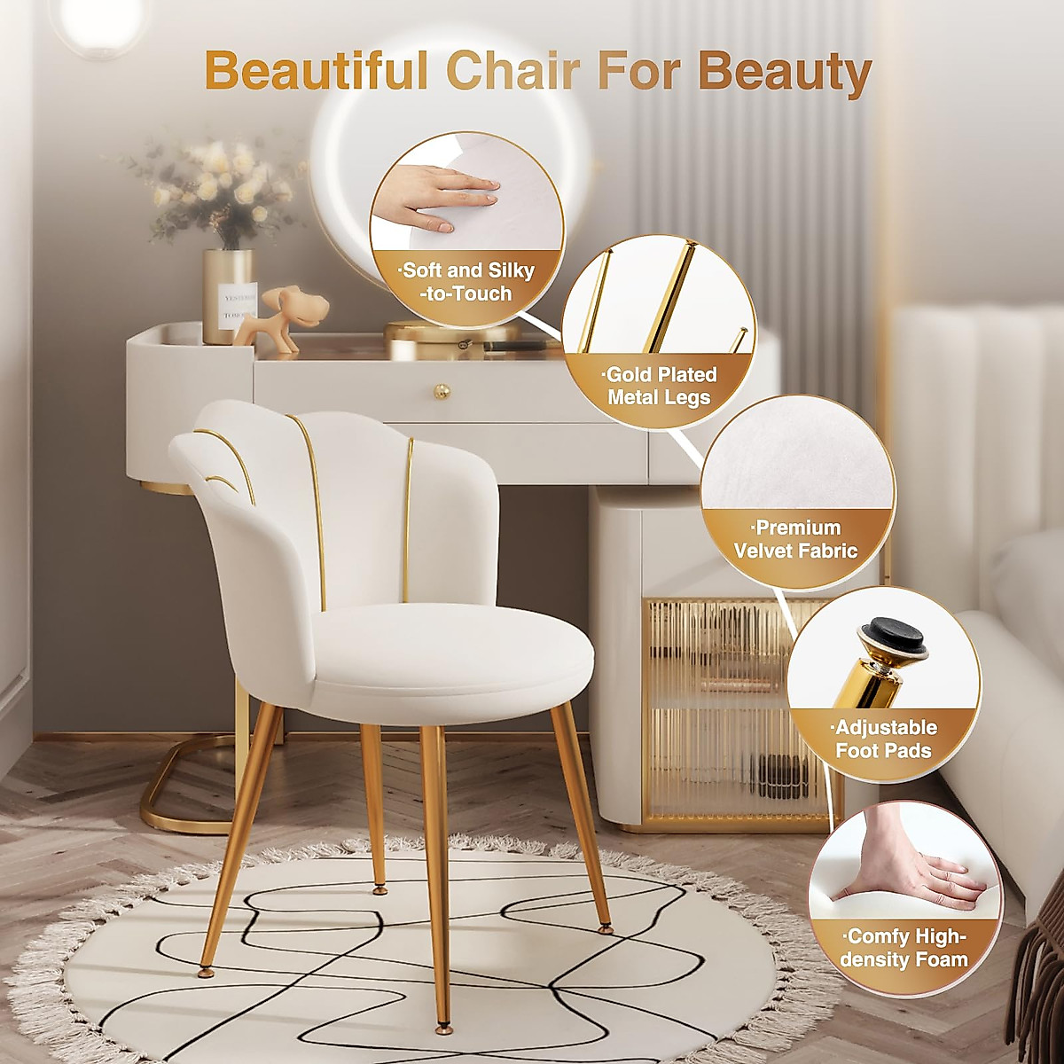 FiveWillowise Living Room Chairs, Mid Century Modern Accent Chair, Preppy Dining Chair, Upholstered Velvet Chair with Gold Legs, Cute Vanity Chair with Back for Bedroom, Study, Waiting Room, Beige