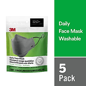 3M Daily Face Mask, Reusable, Washable, Adjustable Ear Loops, Lightweight Cotton Fabric, 5 Pack, Gray