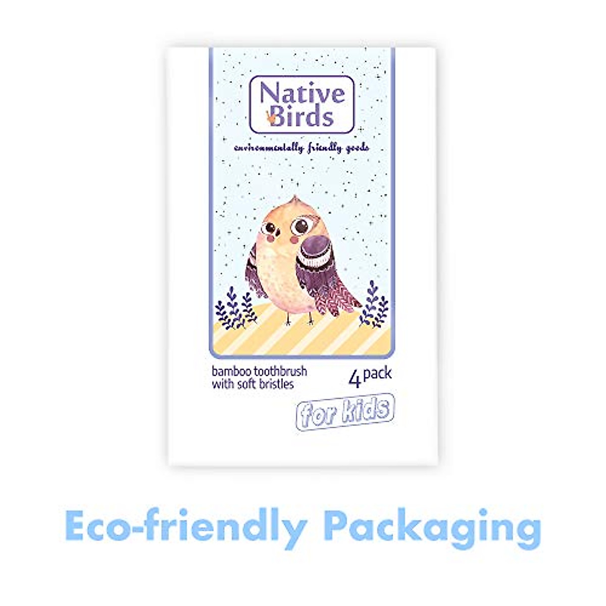 Native Birds Kids Bamboo Toothbrush with Soft Bristles, Set of 4 Eco Friendly Toothbrushes, BPA Free, Designed in Ukraine