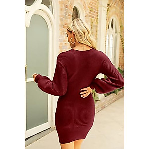 Ashuai Womens Sweater Dress Long Sleeve V Neck Sexy Bodycon Mini Dress 2023 Spring Knit Cute Pullover Dresses Wine Red