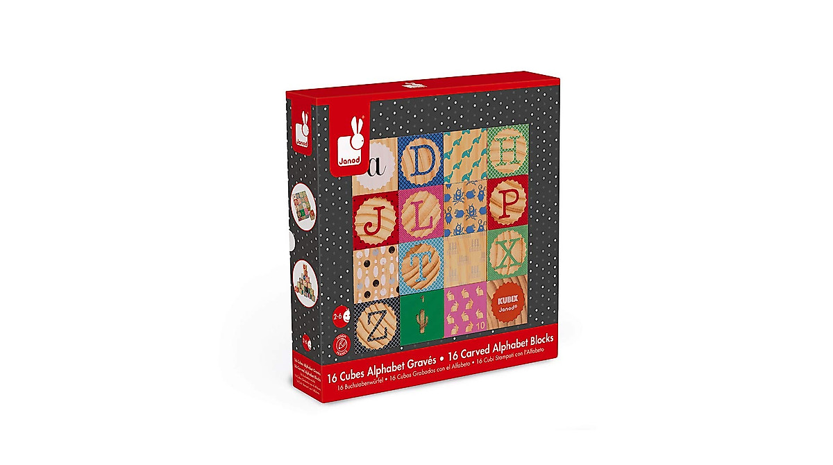 Janod Kubix 16 Wooden Alphabet and Numbers Blocks - Ages 2+ - J08078 ...