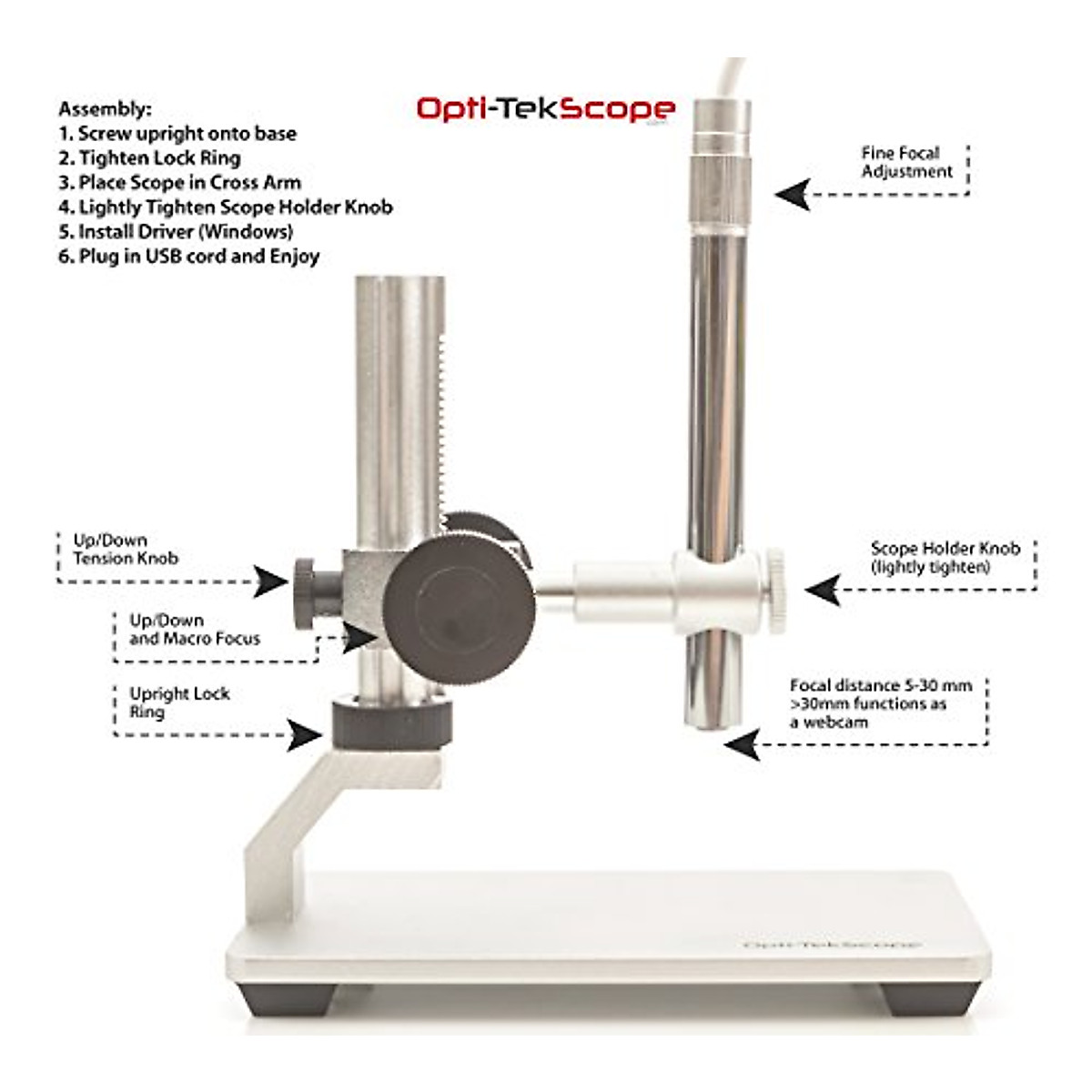 Opti-Tekscope Digital USB Microscope Camera- Advanced CMOS Sensor, True High Definition Macro 200x Zoom Imaging –1600 x 1200, Video, Superior Industrial Quality Base, 8 LED, Windows Mac Linux