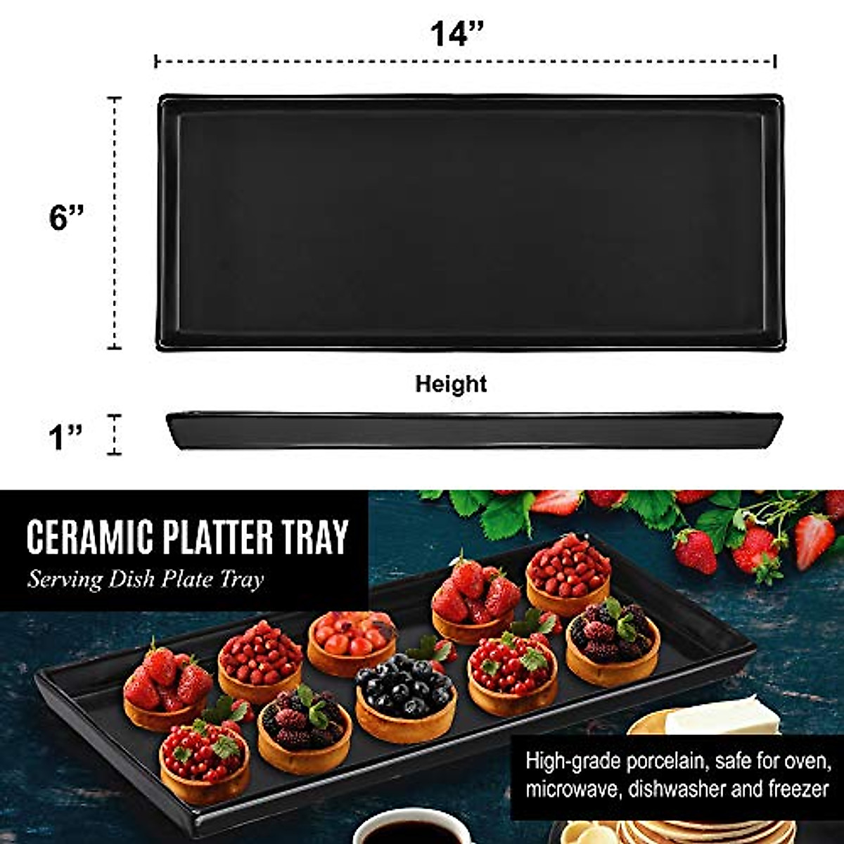 Bruntmor Matte Black Ceramic Serving Platters (14 X 6 Inch Rectangle Plates) Serving Dishes for Entertainment, Food Appetizers, Deserts, Starter, Charcuterie, Sushi Set of Party Tray - Set of 4