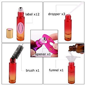 inice 12 Pack,Roller Bottles Gradient Color Glass for Essential Oils,10ml Roll on Bottle with Golden Metal Cap for Perfume