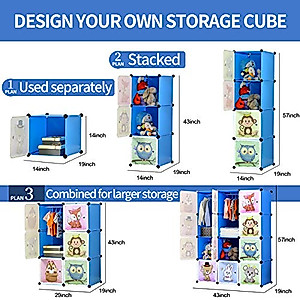 BRIAN & DANY Portable Cartoon Clothes Closet DIY Modular Storage Organizer, Sturdy and Safe Wardrobe for Children and Kids, 8 Cubes&2 Hanging Sections, 30% Deeper Than Standard Version, Blue