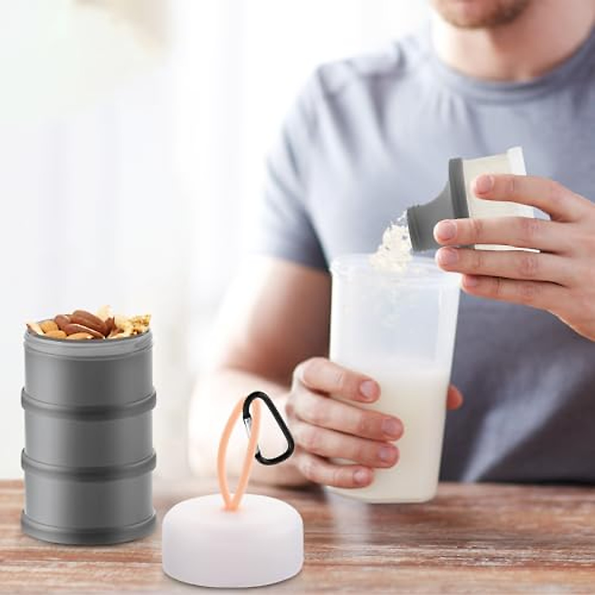 Bakpoco 2 Pack Protein Powder Storage Container, 4 Layer Stackable Leak-proof Formula Dispenser, Portable Travel Fitness Workout Protein Powder Container (Black & White)